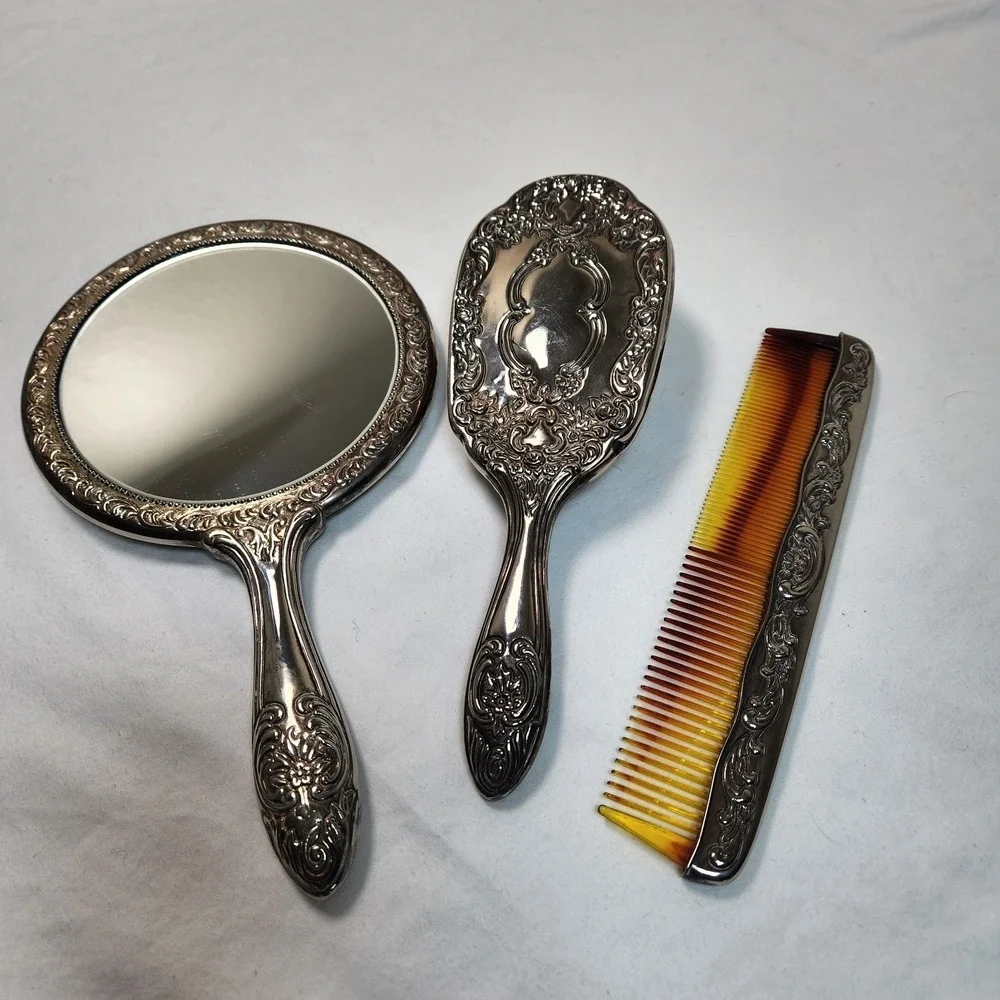 Bath | Vintage Silver Plated Repousse Hand Mirror Brush And Comb Set Of ...